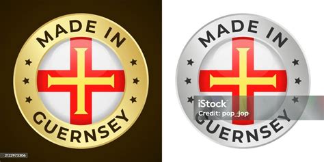 Made In Guernsey 벡터 그래픽 둥근 황금색과 은색 라벨 배지 엠블럼 건지 국기와 건지에서 만든 텍스트가 있습니다 흰색과 어두운 배경에 고립됨 3차원 형태에 대한
