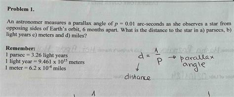 Solved Problem 1 An Astronomer Measures A Parallax Angle Of
