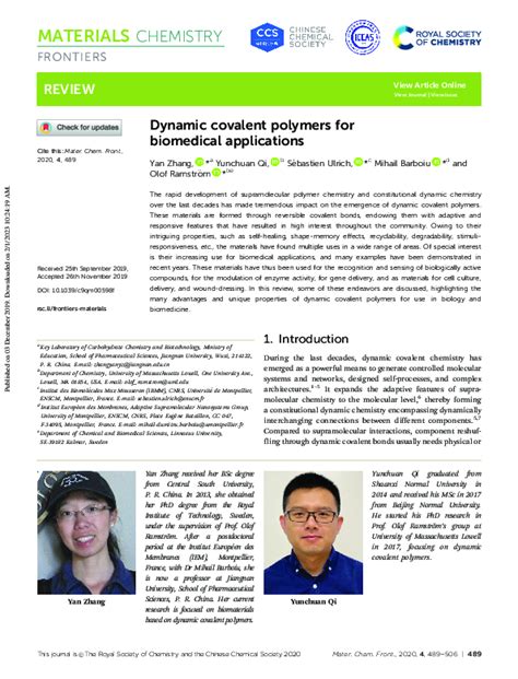 Pdf Dynamic Covalent Polymers For Biomedical Applications