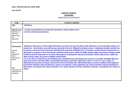 exp 5 inheritance lab report biology 1 sb015 lab report experiment 5 inheritance item