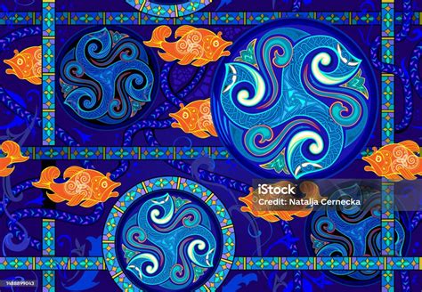 이음새가 없는 패턴 장식 고대 황금 켈트족 물고기와 트리플 물방울 나선형 장식이 있는 추상적인 배경 디자인 직물 인쇄 벽지를 위한 호화스러운 화려한 그림 벡터 그림입니다