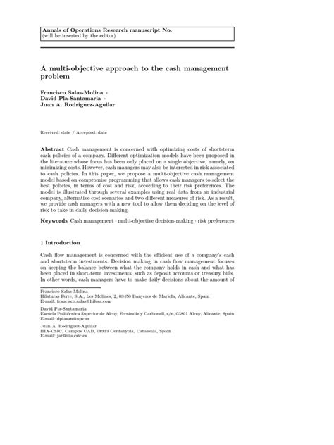 A Multi Objective Approach To The Cash Management 1 Pdf Risk
