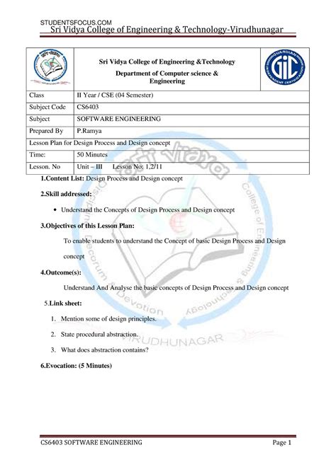 Sf 3 Software Engineering Unit 3pdf Sri Vidya College Of