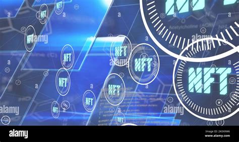 Image Of Scope Scanning With Nft Text And Data Processing Over Squares On Black Background Stock
