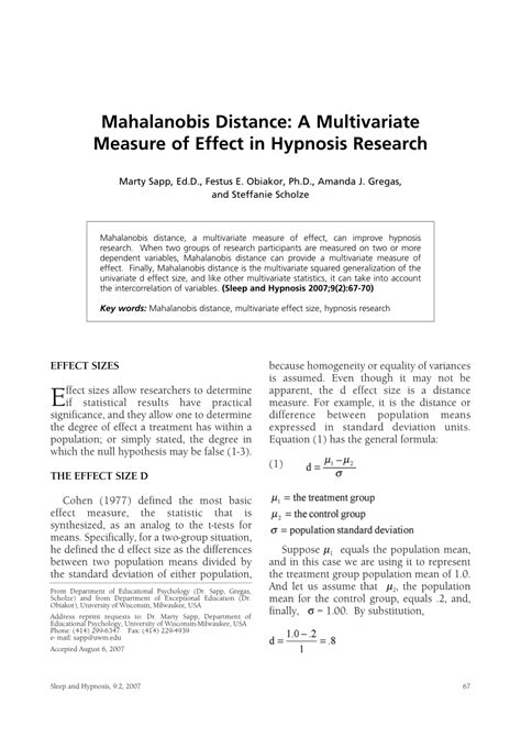 pdf mahalanobis distance a multivariate measure of effect in