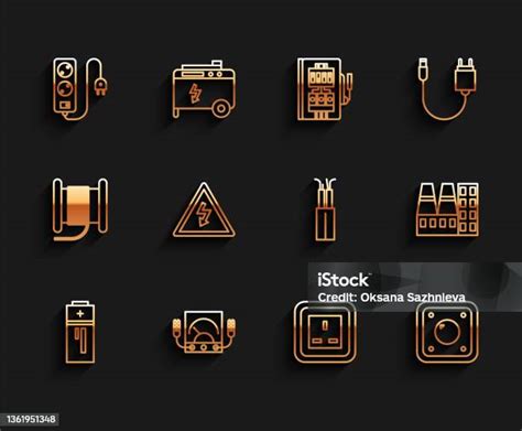 세트 라인 배터리 암페어 미터 멀티 미터 볼트미터 전기 확장 코드 전기 콘센트 조명 스위치 고전압 기호 발전소 및 공장 및 케이블 아이콘 벡터 0명에 대한 스톡 벡터 아트