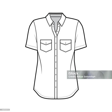 각진 포켓 반소매 릴렉스 핏 프론트 버튼 패스닝이 있는 클래식 셔츠 테크니컬 패션 일러스트 0명에 대한 스톡 벡터 아트 및 기타