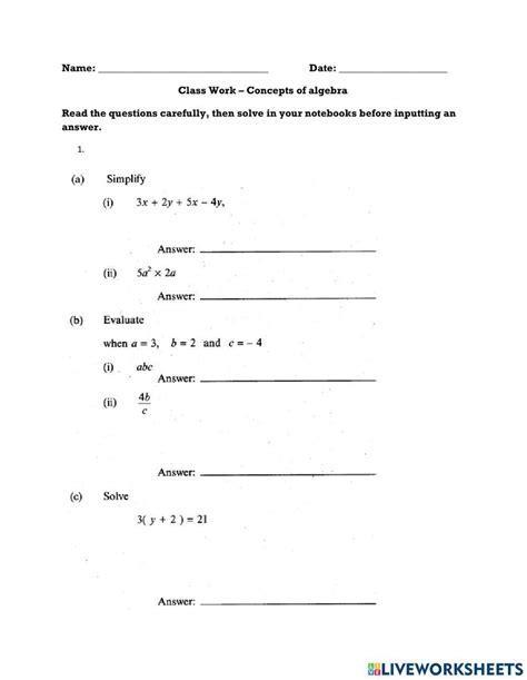 Concepts Of Algebra Worksheet Live Worksheets Worksheets Library