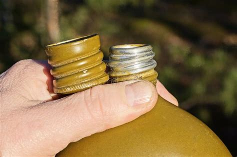 Hand Hold One Old Green Open Aluminum Army Flask Stock Image Image Of Container Combat 301920247