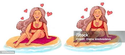 수영복을 입고 해변에서 통통한 소녀의 그림 신체 양성 자기 수용 자기 사랑 면도되지 않은 다리를 가진 소녀 면도 다리 여자에 대한 스톡 벡터 아트 및 기타 이미지 Istock