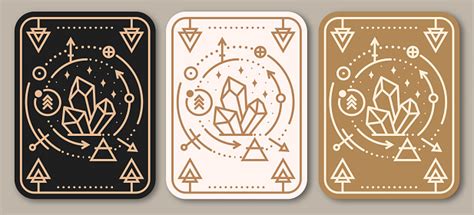 밀교 기호 포스터 배너 벡터 가는 선 기하학적 배지입니다 연금술 또는 신성한 기하학에 대한 윤곽선 아이콘입니다 연금술 기호와 수정이 있는 신비롭고 마법 같은 디자인