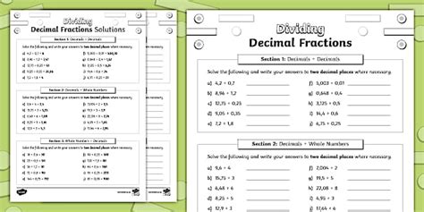Dividing Decimal Fractions Practice Worksheet Twinkl