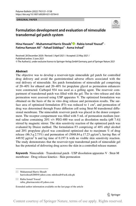 Formulation Development And Evaluation Of Nimesulide Transdermal Gel Patch System Request Pdf