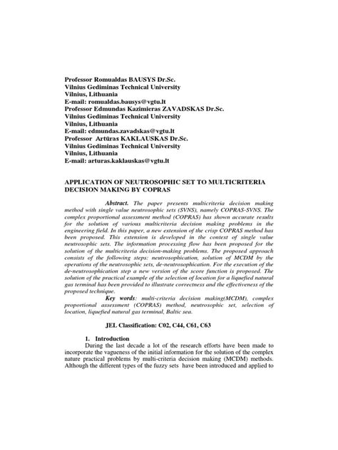 Application Of Neutrosophic Set To Multicriteria Decision Making By Copras Download Free Pdf