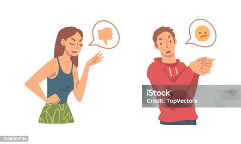 엄지 손가락 아래로 벡터 일러스트 레이션 세트와 소셜 미디어에서 불만을 표현하는 젊은 화가 남자와 여자 캐릭터 공격성에 대한 스톡 벡터 아트 및 기타 이미지 Istock