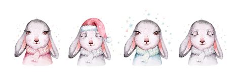 수채화 새해 아기 토끼 초상화 일러스트 레이 션 포스터와 크리스마스 화환 메리 크리스마스 엽서 꽃 화환에 귀여운 만화 토끼 2023 년의 상징 트렌디 한 보육 디자인