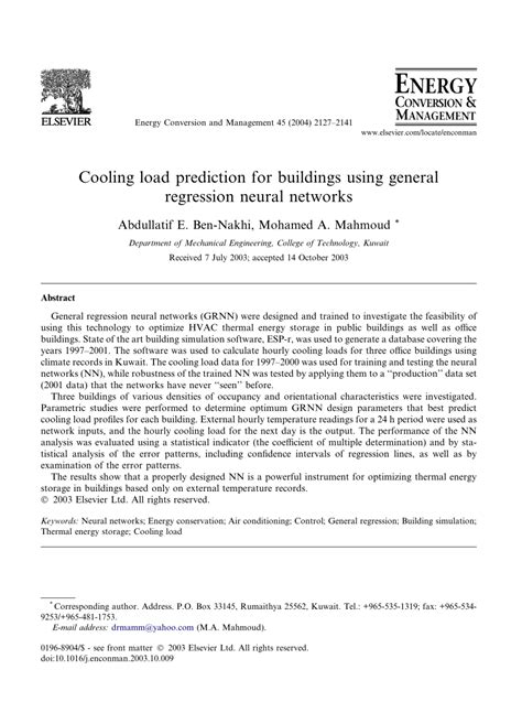 Pdf Cooling Load Prediction For Buildings Using General Regression
