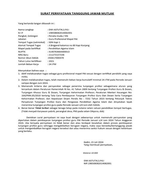 Contoh Format Sptjm Gpai Periode Jan Sd Juni 2024 Pdf