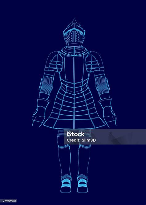 완전 갑옷을 입은 기사의 파란색 이미지입니다 기사는 들판에 서서 오른쪽을 바라보고 있습니다 기사는 투구와 갑옷을 입고 있으며 슈트는 금속으로 만들어졌습니다 A 라인에 대한