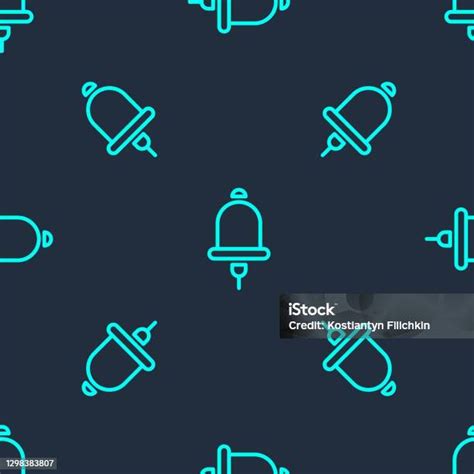 녹색 라인 울리는 알람 벨 아이콘 은 파란색 배경에 원활한 패턴을 격리 화재 경보 시스템 서비스 벨 핸드벨 기호 알림 기호 벡터 기민에 대한 스톡 벡터 아트 및 기타 이미지