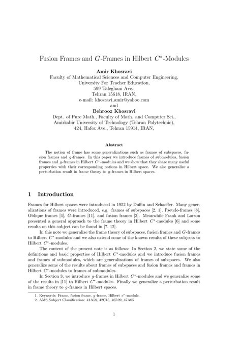 Pdf Fusion Frames And G Frames In Hilbert C Modules