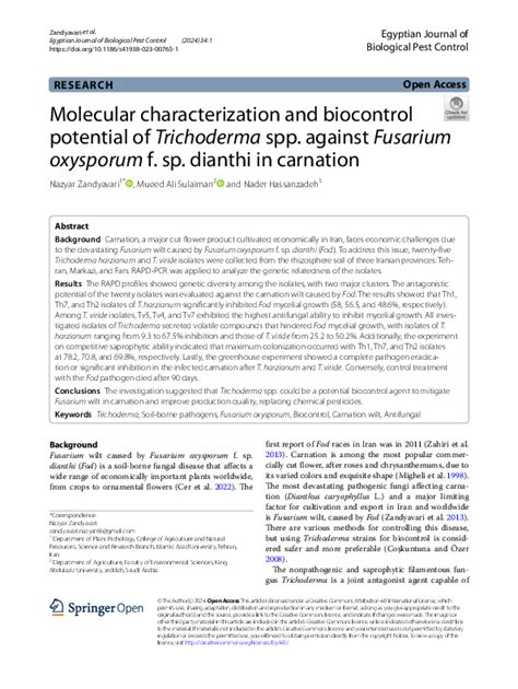 Pdf Molecular Characterization And Biocontrol Potential Of Trichoderma Spp Against Fusarium