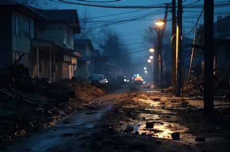 Premium Ai Image Dark Night Street Fear Danger Haze Wet Floor Blue
