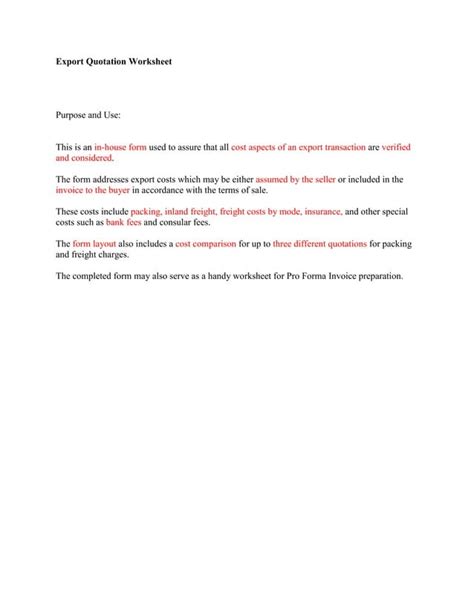 Export Quotation Worksheet Docx Business Accounting And Finance Business