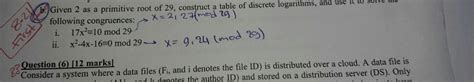 solved given 2 as a primitive root of 29 construct a table