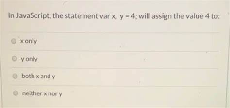 solved in javascript the statement var x y 4 will