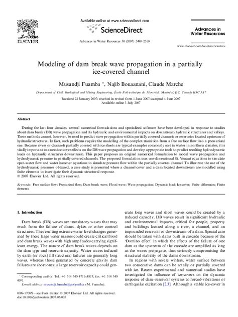 Pdf Modeling Of Dam Break Wave Propagation In A Partially Ice Covered