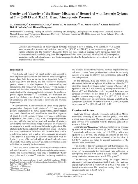 Pdf Density And Viscosity Of The Binary Mixtures Of Hexan 1 Ol With