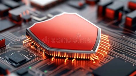 Red Shield With Glowing Edges On A Black Microchip Representing