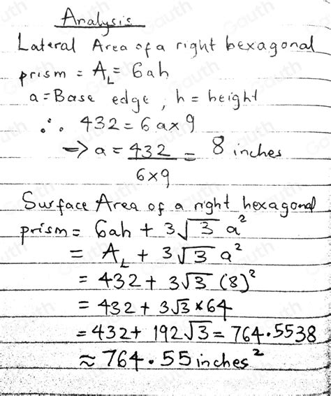 Solved 8 The Lateral Area For A Hexagonal Prism Measures 432inches 2 Calculate The Surface