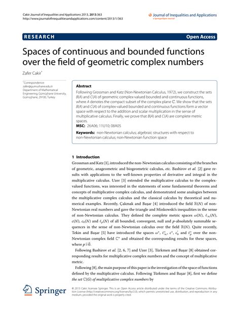 Pdf Spaces Of Continuous And Bounded Functions Over The Field Of Geometric Complex Numbers