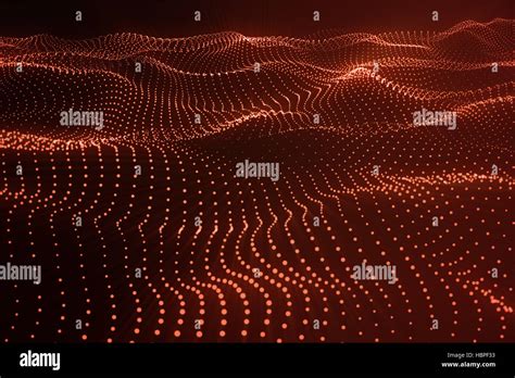 3d Rendering Hi Tech Digital Terrain Red Abstract Space On Dark Background With Connecting Dots