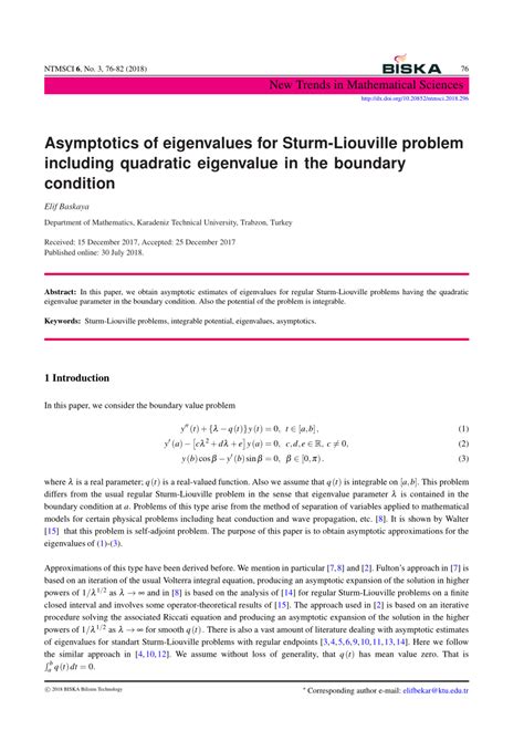 Pdf Asymptotics Of Eigenvalues For Sturm Liouville Problem Including Quadratic Eigenvalue In