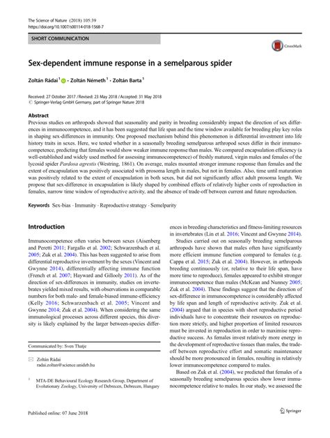 Pdf Sex Dependent Immune Response In A Semelparous Spider