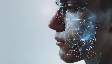 Facial Recognition System Man With Digital Biometric Grid And Personal Data On Grey Background