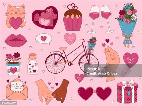 발렌타인 데이 포스터 인사말 카드 배너 및 초대장을위한 손으로 그린 요소 큰 세트의 하트 과자 커피 컵 케이크 열쇠 사탕 편지 다이아몬드 꽃 선물 풍선 키스 및 기타 귀여운