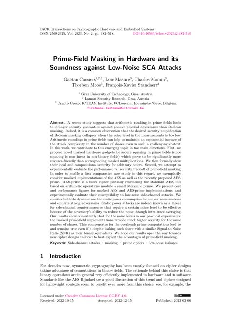 Pdf Prime Field Masking In Hardware And Its Soundness Against Low Noise Sca Attacks