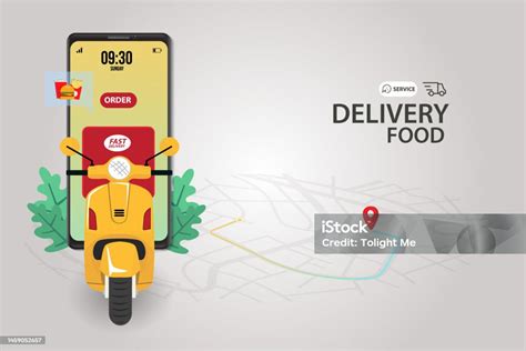 모바일에서 스쿠터로 빠른 배송 전자 상거래 개념입니다 온라인 음식 주문 인포 그래픽 웹 페이지 앱 디자인 3차원 형태에 대한 스톡 벡터 아트 및 기타 이미지 Istock