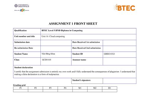 Assignment 1 Front Sheet Assignment 1 Front Sheet Qualification Btec Level 5 Hnd Diploma In