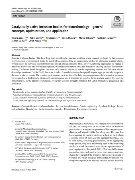 Pdf Catalytically Active Inclusion Bodies For Biotechnology—general Concepts Optimization