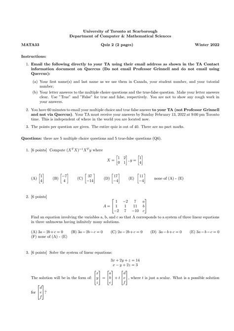 Quiz Version Matrices Inverse And Solving University Of Toronto