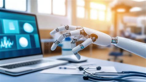 Robotic Hand Interacts With Laptop Exploring Automation And Ai In Modern Technology Stock