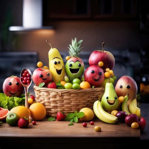 Cute Fruit Happy Cute Set Of Smiling Fruit Faces Generative Ai Stock