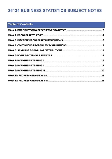 Business Statistics 26134 Weekly Lecture Notes 26134 Business