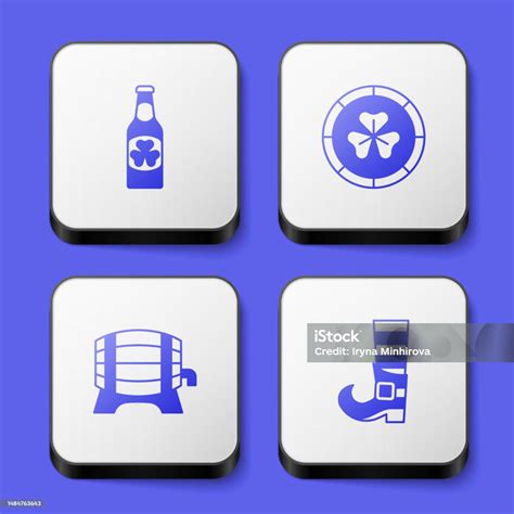 클로버 황금 레프러콘 동전 선반에 나무 배럴 및 레프리콘 부츠 아이콘이 있는 맥주병을 설정합니다 흰색 사각형 버튼입니다 벡터 0명에 대한 스톡 벡터 아트 및 기타 이미지