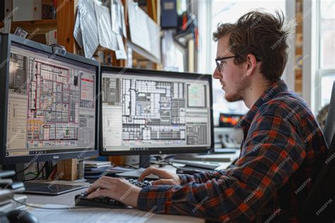 Premium Photo Engineer Working On A Computer With Two Displays